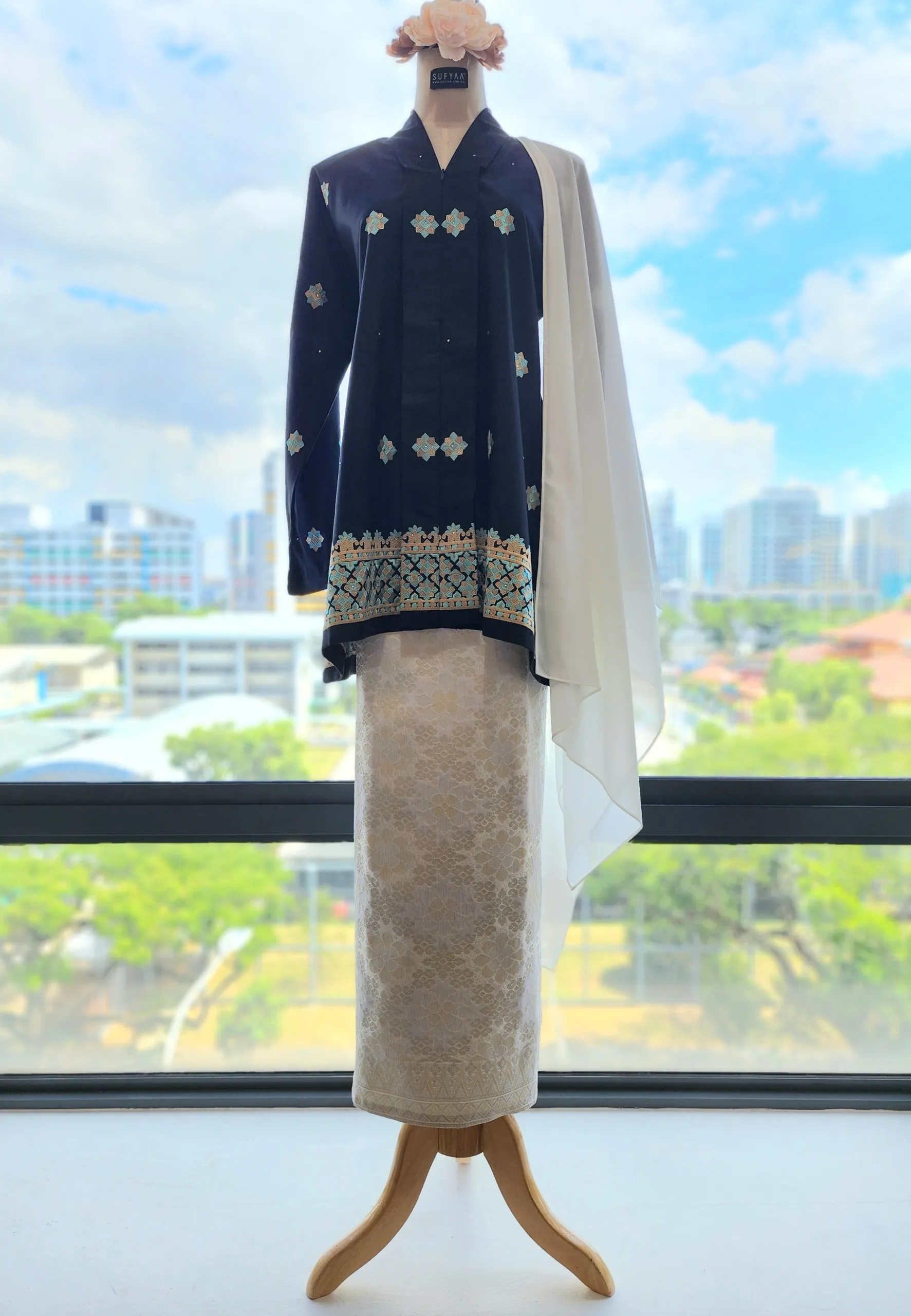 Flare Mini Kebaya in Half Songket (Black) » SUFYAA